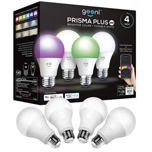 geeni prisma plus 800 wifi led smart light bulb (4-pack), 2700-6500k tunable hue white to rgb, dimmable, a19 60w, no hub required, light bulb compatible with alexa, google assistant