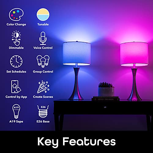 Geeni Prisma Plus 800 WiFi LED Smart Light Bulb (4-Pack), 2700-6500K Tunable Hue White to RGB, Dimmable, A19 60W, No Hub Required, Light Bulb Compatible with Alexa, Google Assistant