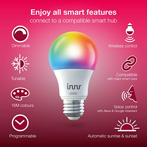 innr Color Smart Bulb A19, Works with Philips Hue, Alexa, Hey Google, SmartThings (Hub Required), Zigbee, Lights, Dimmable RGBW LED Light Bulbs A19 with E26 Base, 60W Equivalent, 2-Pack, AE 280 C-2