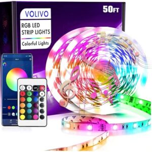 VOLIVO Smart Bluetooth Led Lights 50ft, App Controlled Music Sync Led Light Strips with Remote, 5050 RGB Color Changing Led Lights Strip for Bedroom, Home, TV, Kitchen