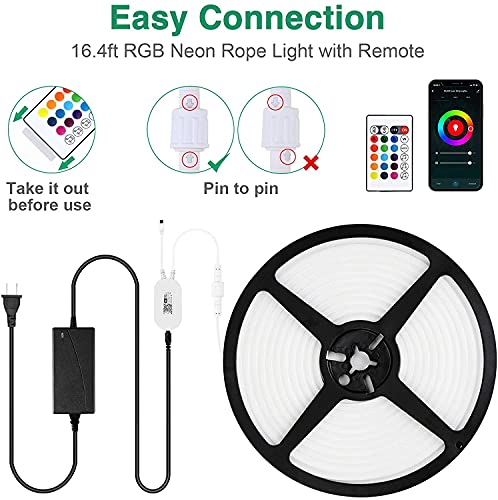 12v RGB Led Light Strip,Flexible Led Strip Lights IP65 Waterproof Cuttable Led Neon Flex Alexa WiFi Compatible Silicone 16.4ft Color Changing Bluetooth Phone App Control with Remote for Party DIY