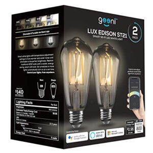 Geeni LUX Edison ST21 (ST64) Edison WiFi LED Smart Bulb, 2700K-6500K 8W, E26 Base, Dimmable, Tunable White Light, Works with Alexa & Google Home, 2 Pack