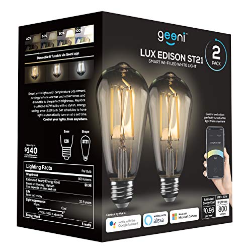 Geeni LUX Edison ST21 (ST64) Edison WiFi LED Smart Bulb, 2700K-6500K 8W, E26 Base, Dimmable, Tunable White Light, Works with Alexa & Google Home, 2 Pack