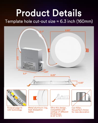 Lumary Recessed Lighting Slim 6 Inch Smart LED Recessed Lights 13W 1100LM WiFi Bluetooth LED Retrofit Downlight with Junction Box Work with Alexa/Google Assistant(6inch-4PCS)