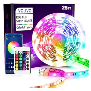 volivo smart rgb led strip lights 25ft, app controlled bluetooth led light strips sync with music, color changing led lights for bedroom, home decoration