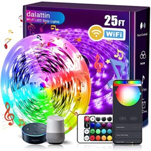 dalattin smart led strip lights wifi 25ft compatible with alexa led lights music sync 5050 16 million colors changing phone app and 24 key remote for home,kitchen,tv,party