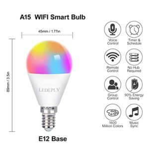 A15 LED Smart Bulb, 5W=40W,Compatible with Alexa, Google Assistant, E12 Base, Dimmable, WiFi, RGB Color Changing, Tunable White 2700K-6500K, Globe Shape, G45 Ceiling Fan Light Bulbs 4 Pack