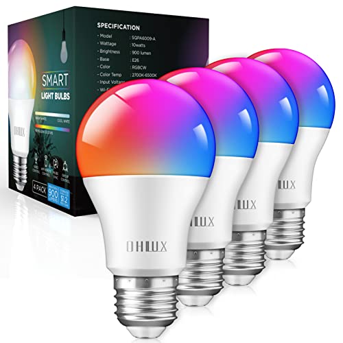 OHLUX Smart WiFi & Bluetooth Alexa Light Bulbs, 10W (100W Equivalent) Color Changing Light Bulbs with Music Sync, Work with Alexa Google Home Siri, A19 E26 900LM 4Pack