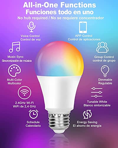 OHLUX Smart WiFi & Bluetooth Alexa Light Bulbs, 10W (100W Equivalent) Color Changing Light Bulbs with Music Sync, Work with Alexa Google Home Siri, A19 E26 900LM 4Pack