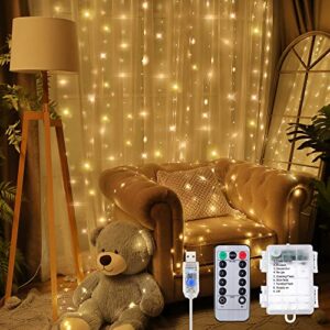 195 led curtain tapestry backdrop string lights, 8 strings 6.6×4.9ft tapestry fairy string light with remote, 8 modes window wall hanging light strings for bedroom indoor outdoor graduation decor