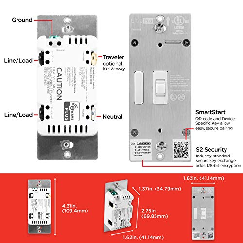 UltraPro Z-Wave Smart Toggle Light Switch with QuickFit and SimpleWire, 3-Way Ready, Compatible with Alexa, Google Assistant, ZWave Hub Required, Repeater/Range Extender, White, 2-Pack, 54912