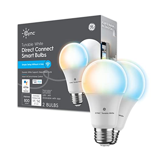 GE CYNC Smart LED Light Bulbs, Tunable White, Bluetooth and Wi-Fi Lights, Works with Alexa and Google Home, A19 Light Bulbs (2 Pack)