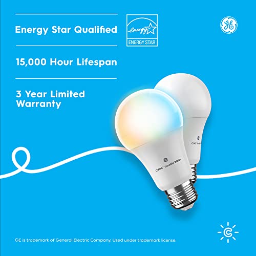 GE CYNC Smart LED Light Bulbs, Tunable White, Bluetooth and Wi-Fi Lights, Works with Alexa and Google Home, A19 Light Bulbs (2 Pack)