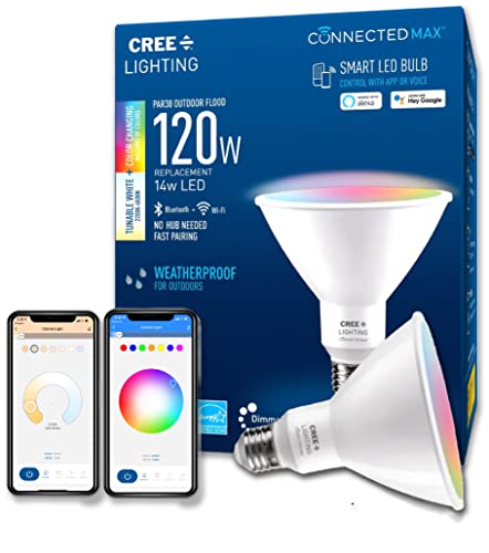 Cree Lighting Connected Max Smart Led Bulb Par38 Outdoor Flood Tunable White + Color Changing, 2.4 Ghz, Works With Alexa And Google Home, No Hub Required, Bluetooth + Wifi, 1Pk