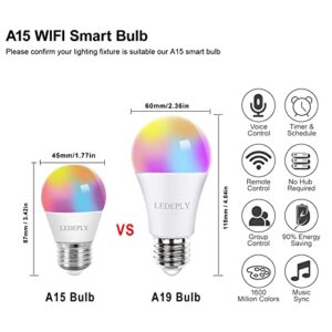 LEDEPLY 5W=40W, A15 Smart Bulb, Compatible with Alexa, Google Home, E26, Color Changing, Dimmable LED WiFi Light Bulbs, No Hub Required, 1 Pack