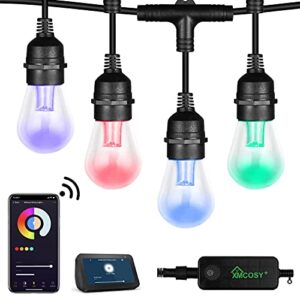 xmcosy+ outdoor string lights, smart 49ft patio lights rgb, app & wifi control color changing led string lights with dimmable 15 led bulbs, works with alexa, ip65 waterproof, shatterproof