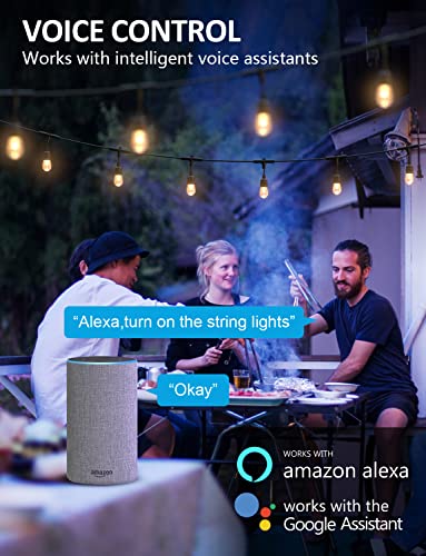 XMCOSY+ Outdoor String Lights, Smart 49Ft Patio Lights RGB, App & WiFi Control Color Changing LED String Lights with Dimmable 15 LED Bulbs, Works with Alexa, IP65 Waterproof, Shatterproof