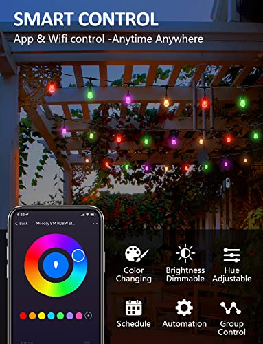 XMCOSY+ Outdoor String Lights, Smart 49Ft Patio Lights RGB, App & WiFi Control Color Changing LED String Lights with Dimmable 15 LED Bulbs, Works with Alexa, IP65 Waterproof, Shatterproof