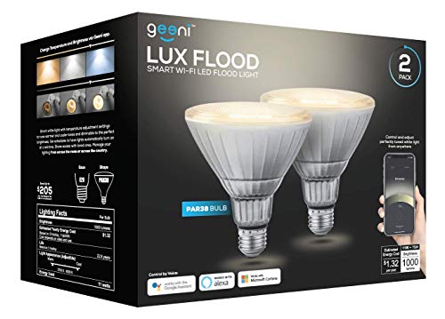 Geeni LUX Smart Floodlight, White – Outdoor 2700K-6500K Dimmable LED Bulb, E26, PAR38, 11W, 1000 Lumens – No Hub Needed - Compatible with Alexa, Google Home, Requires 2.4 GHz WiFi, 2 Pack