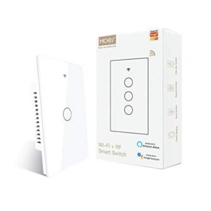 moes touch wall single live wire smart switch，no neutral wire needed, 2.4ghz wifi rf433 light switch works with smart life/tuya app, alexa and google home, single pole 110v, white 1 gang