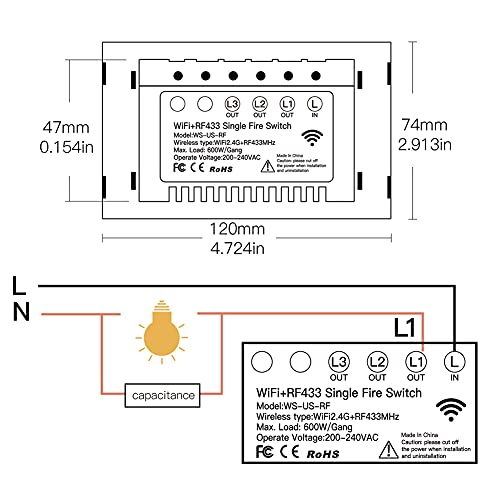 MOES Touch Wall Single Live Wire Smart Switch，No Neutral Wire Needed, 2.4GHz WiFi RF433 Light Switch Works with Smart Life/Tuya App, Alexa and Google Home, Single Pole 110V, White 1 Gang