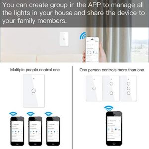 MOES Touch Wall Single Live Wire Smart Switch，No Neutral Wire Needed, 2.4GHz WiFi RF433 Light Switch Works with Smart Life/Tuya App, Alexa and Google Home, Single Pole 110V, White 1 Gang