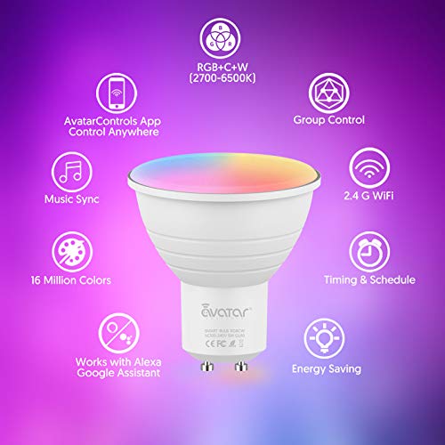 Avatar Controls 4 Pack Smart Bulb GU10, Alexa LED Light Bulbs Music Sync RGBCW Color Changing Dimmable WiFi Spot Lights Works with Google Home, Quick Connection