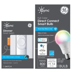 ge cync smart home starter kit, smart bulb and dimmer switch, bluetooth and wi-fi enabled, alexa and google assistant compatible