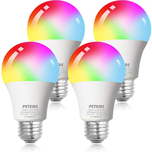 Peteme Smart WiFi Alexa Light Bulb, Led RGB Color Changing Bulbs, Compatible with Alexa, Siri, Echo, Google Home (No Hub Required), E26 A19 60W Multicolor (4 Pack)…