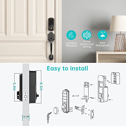 Smart Lock Deadbolt, Hornbill Digital Keyless Entry Door Lock with Keypad, Bluetooth Electronic Smart Locks for Front Door, APP Control, Code, Key, Auto Lock for Home Office Apartment, Matte Black