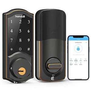 smart lock deadbolt, hornbill digital keyless entry door lock with keypad, bluetooth electronic smart locks for front door, app control, code, key, auto lock for home office apartment, matte black