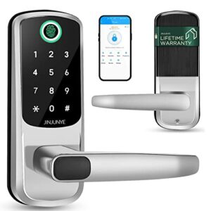 door locks with keypads, jinjunye digital door lock, keypad door knob 5-in-1 keyless entry door lock, fingerprint, smart lock handle for home office apartment, silver