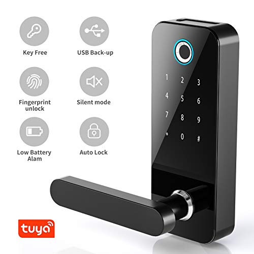 COOLOUS Fingerprint Lock with Bluetooth Smart Life App,Stainless Steel Door Lock Touchscreen Keypad Keyless Smart Lock Electronic Entry Lock with Reversible Lever Locking for Home Office Door