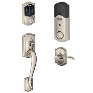 schlage connect camelot touchscreen deadbolt with built-in alarm and handleset grip with accent lever, satin nickel, fe469nx acc 619 cam lh, works with alexa