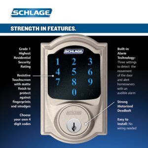 SCHLAGE Connect Camelot Touchscreen Deadbolt with Built-In Alarm and Handleset Grip with Accent Lever, Satin Nickel, FE469NX ACC 619 CAM LH, Works with Alexa