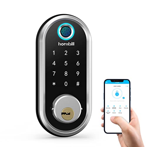 Security Smart Deadbolt, Hornbill Keyless Entry Door Lock with Biometric Fingerprint, Bluetooth Electronic Smart Lock with Keypad, App Control, Work with Alexa for Front Door, Bedroom, Apartment