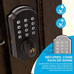 TURBOLOCK TL115 Smart Lock with Keypad and Voice Prompts | Digital Deadbolt w/ App for Unlimited eKeys | Code Disguise, Backup Keys + Micro-USB Port — Ready for Thicker Doors (IP65) (Bronze)