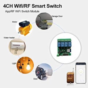 MHCOZY WiFi RF Relay Switch,Set to emulate Both pushbutton with Inching Mode and switches with Self-Locking Mode,WiFi Remote and Voice Control Garage gate Fireplace (Smart Life app, 4CH)