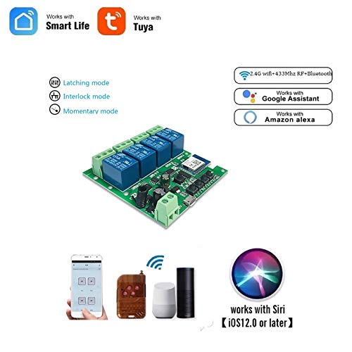 MHCOZY WiFi RF Relay Switch,Set to emulate Both pushbutton with Inching Mode and switches with Self-Locking Mode,WiFi Remote and Voice Control Garage gate Fireplace (Smart Life app, 4CH)