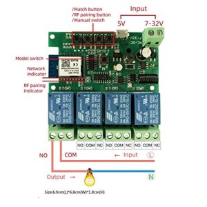 MHCOZY WiFi RF Relay Switch,Set to emulate Both pushbutton with Inching Mode and switches with Self-Locking Mode,WiFi Remote and Voice Control Garage gate Fireplace (Smart Life app, 4CH)