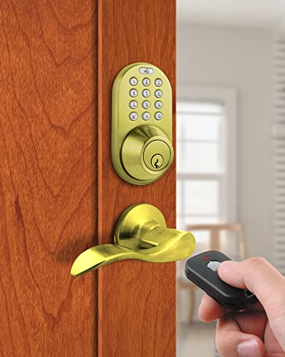 MiLocks XFL-02P Digital Deadbolt Door Lock and Passage Lever Handle Combo with Keyless Entry via Remote Control and Keypad Code for Exterior Doors, Polished Brass