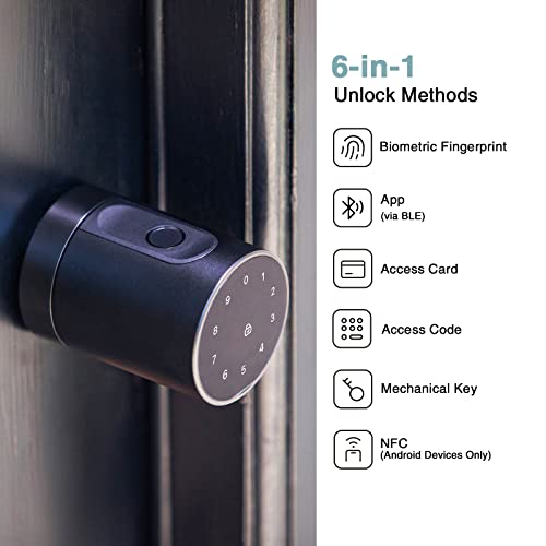 YEEUU Smart Door Lock with Fingerprint, NFC, App, Code, Backup Keys, Stylish Bluetooth Door Knob (Black, Fingerprint + Bluetooth)