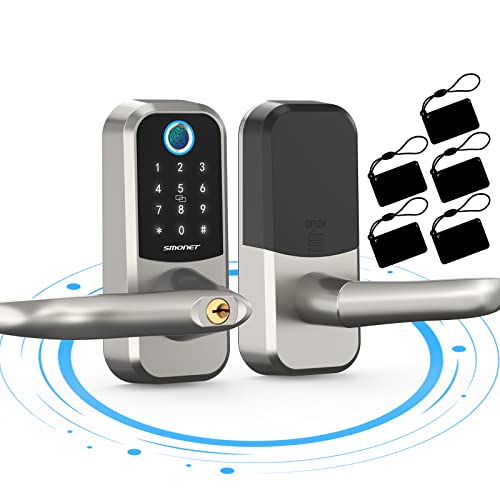 Smart Lock SMONET 5-in-1 Keyless Entry Fingerprint Door Lock, Bluetooth Lock with Reversible Handle, Unlock via Key, IC Card, Fingerprint, Passcode, App for Home, Hotel, Office