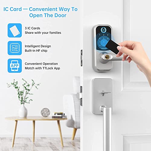 Smart Lock SMONET 5-in-1 Keyless Entry Fingerprint Door Lock, Bluetooth Lock with Reversible Handle, Unlock via Key, IC Card, Fingerprint, Passcode, App for Home, Hotel, Office