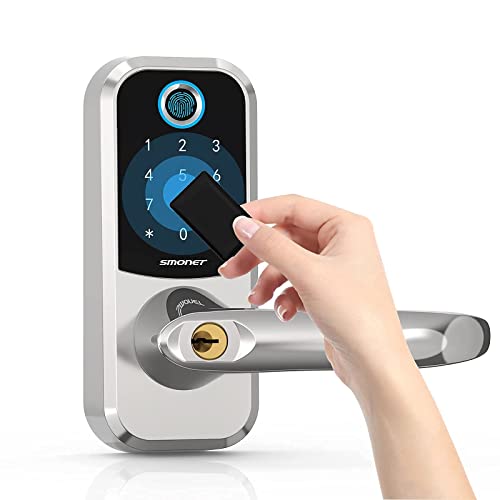 Smart Lock SMONET 5-in-1 Keyless Entry Fingerprint Door Lock, Bluetooth Lock with Reversible Handle, Unlock via Key, IC Card, Fingerprint, Passcode, App for Home, Hotel, Office