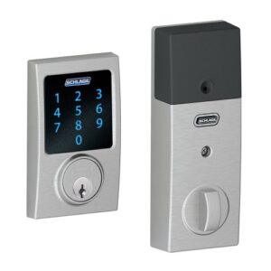 schlage z-wave connect century touchscreen deadbolt with built-in alarm, satin chrome, be469 cen 626, works with alexa via smartthings, wink or iris