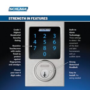 Schlage Z-Wave Connect Century Touchscreen Deadbolt with Built-In Alarm, Satin Chrome, BE469 CEN 626, Works with Alexa via SmartThings, Wink or Iris