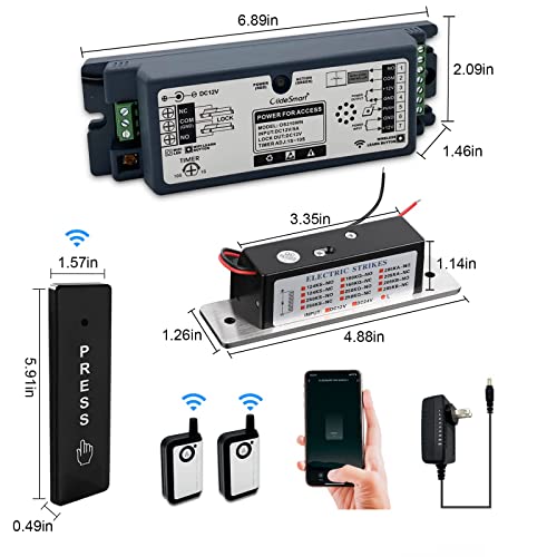 2.4GHz WiFi Access Control 400lb Holding Force Electic Magnetic Door Lock System Kit with Remote and Smartphone app Control, paired with Wireless Slim Push Switch (Electric Strike Lock kit)