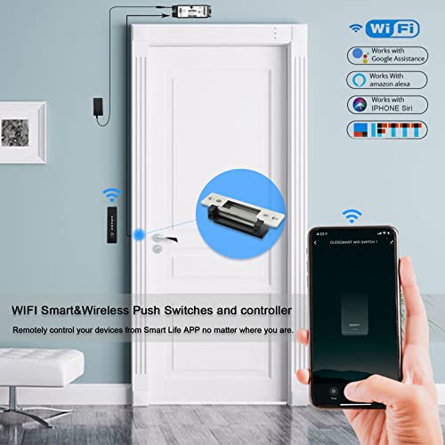 2.4GHz WiFi Access Control 400lb Holding Force Electic Magnetic Door Lock System Kit with Remote and Smartphone app Control, paired with Wireless Slim Push Switch (Electric Strike Lock kit)