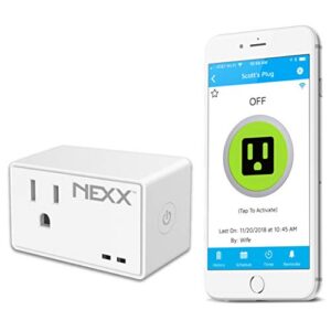 nexx nxpg-100w wifi smart plug with geofencing technology control, schedule and monitor appliances, tvs, lamps, and more using smartphone, siri, amazon alexa, google assistant. no hub required, white